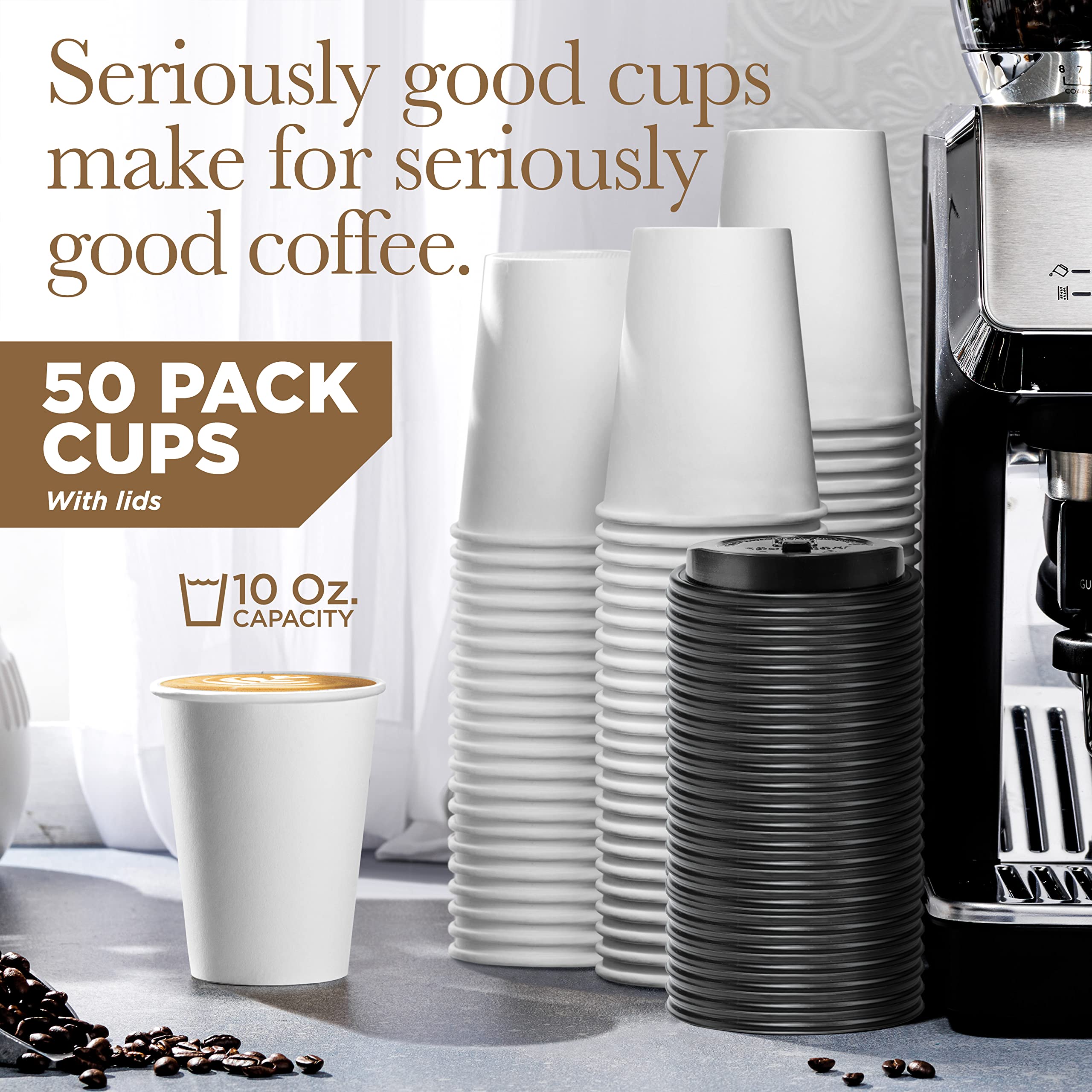 Disposable To Go Paper Cups with Lids (50 Pack) - 12 oz Hot & Cold Beverage Cups for Coffee, Tea, Water, Juice - Eco Friendly