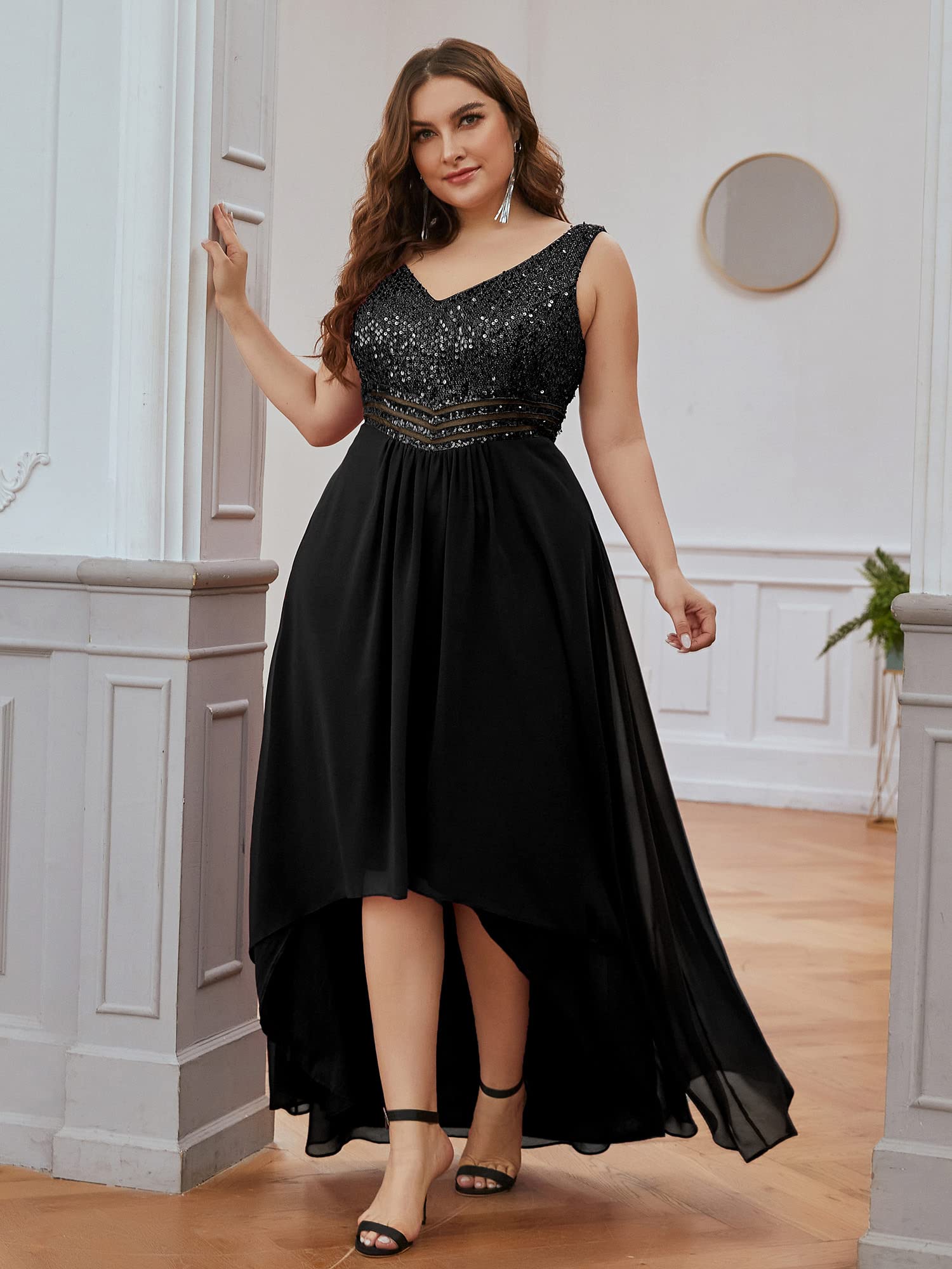 Ever-Pretty Plus Womens Plus Size Sequin V Neck Empire Waist High Low Bridesmaid Dresses Black US20