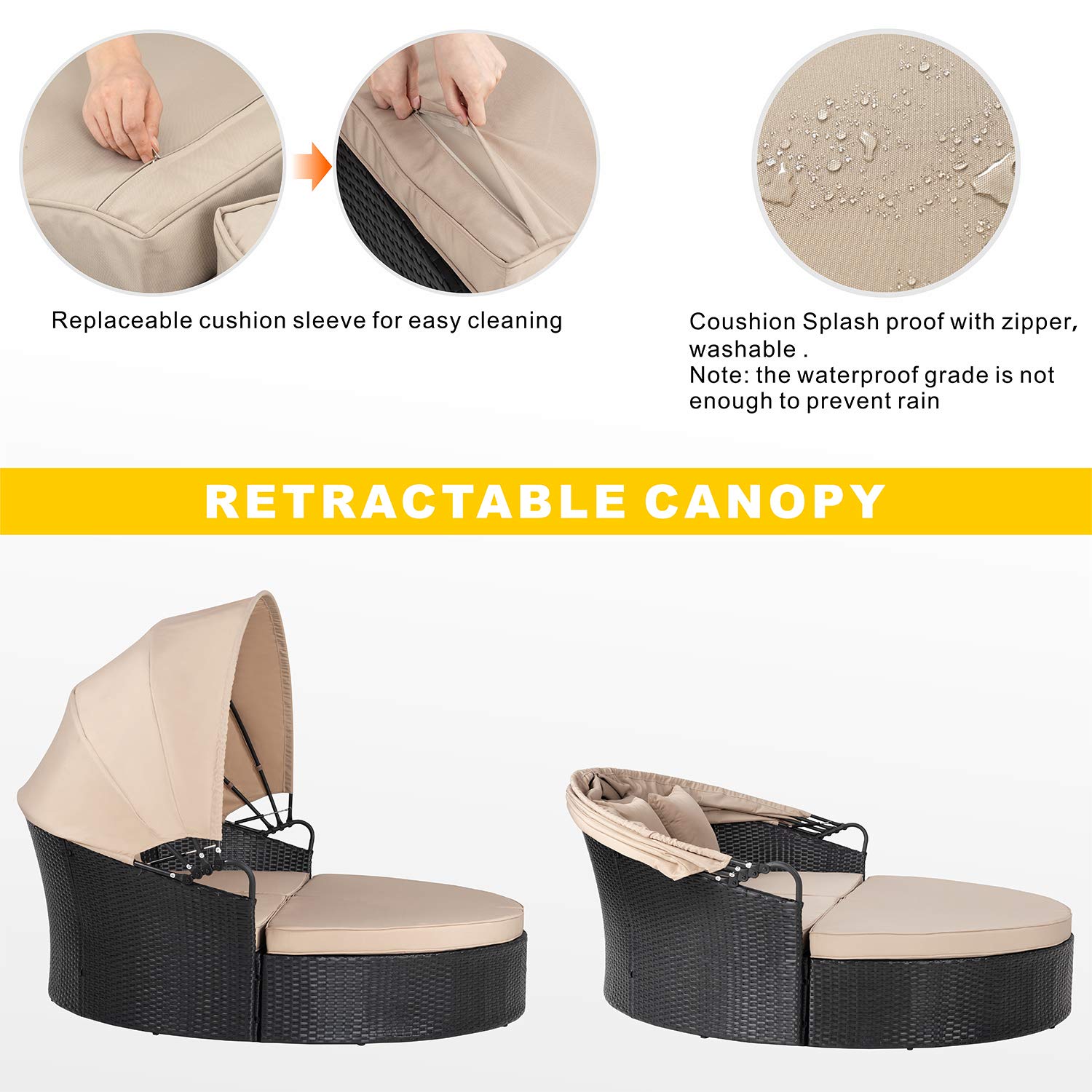 Walsunny Patio Furniture Outdoor Lawn Backyard Poolside Garden Round Daybed with Retractable Canopy Wicker Rattan, Seating Separates Cushioned Seats