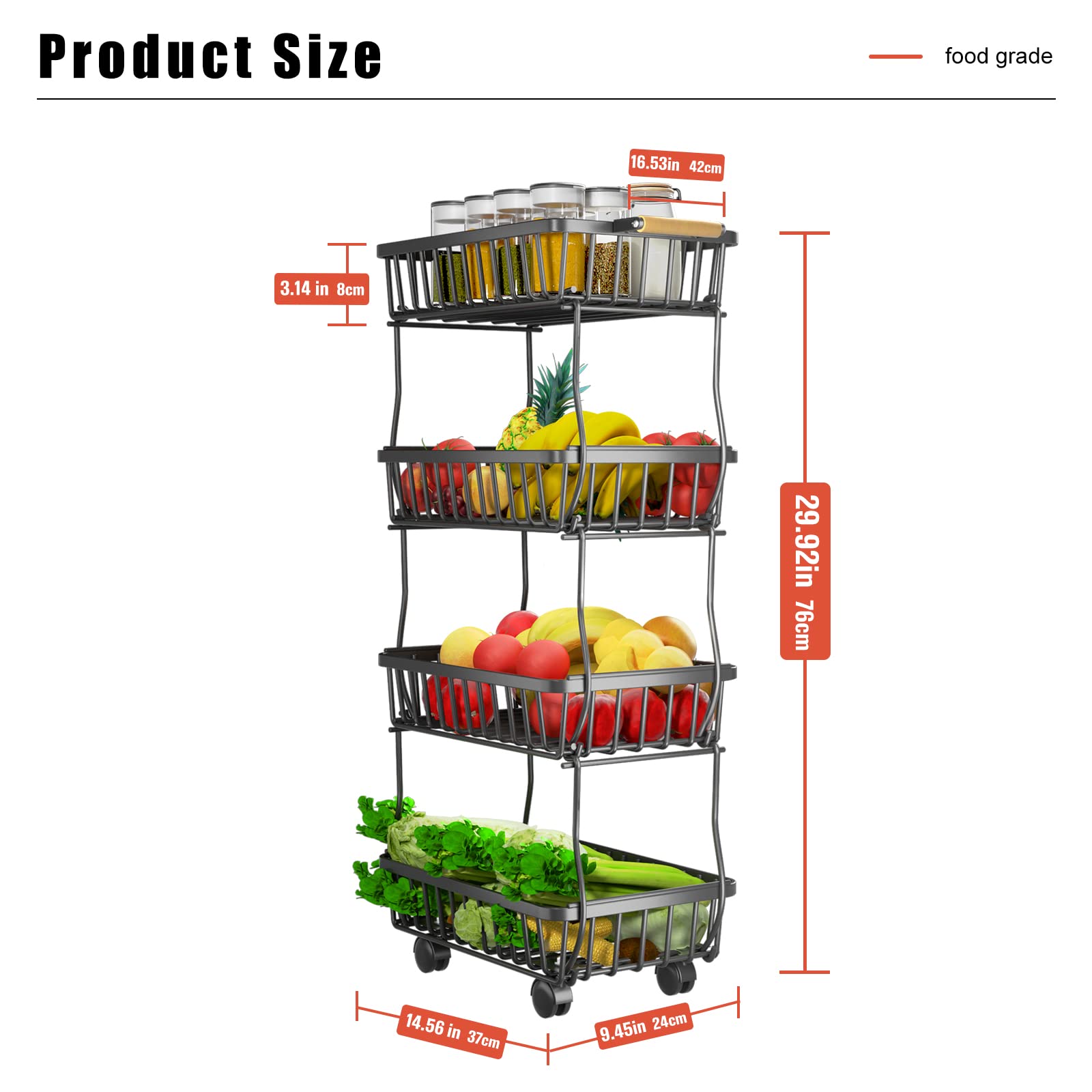 Fruit Vegetable Basket, 4 Tier Fruit Vegetable Storage Cart, Vegetable Basket Bins Rack for Onions and Potatoes, Rolling Utility Cart for Kitchen Pantry Bedroom Living Room, with Handle