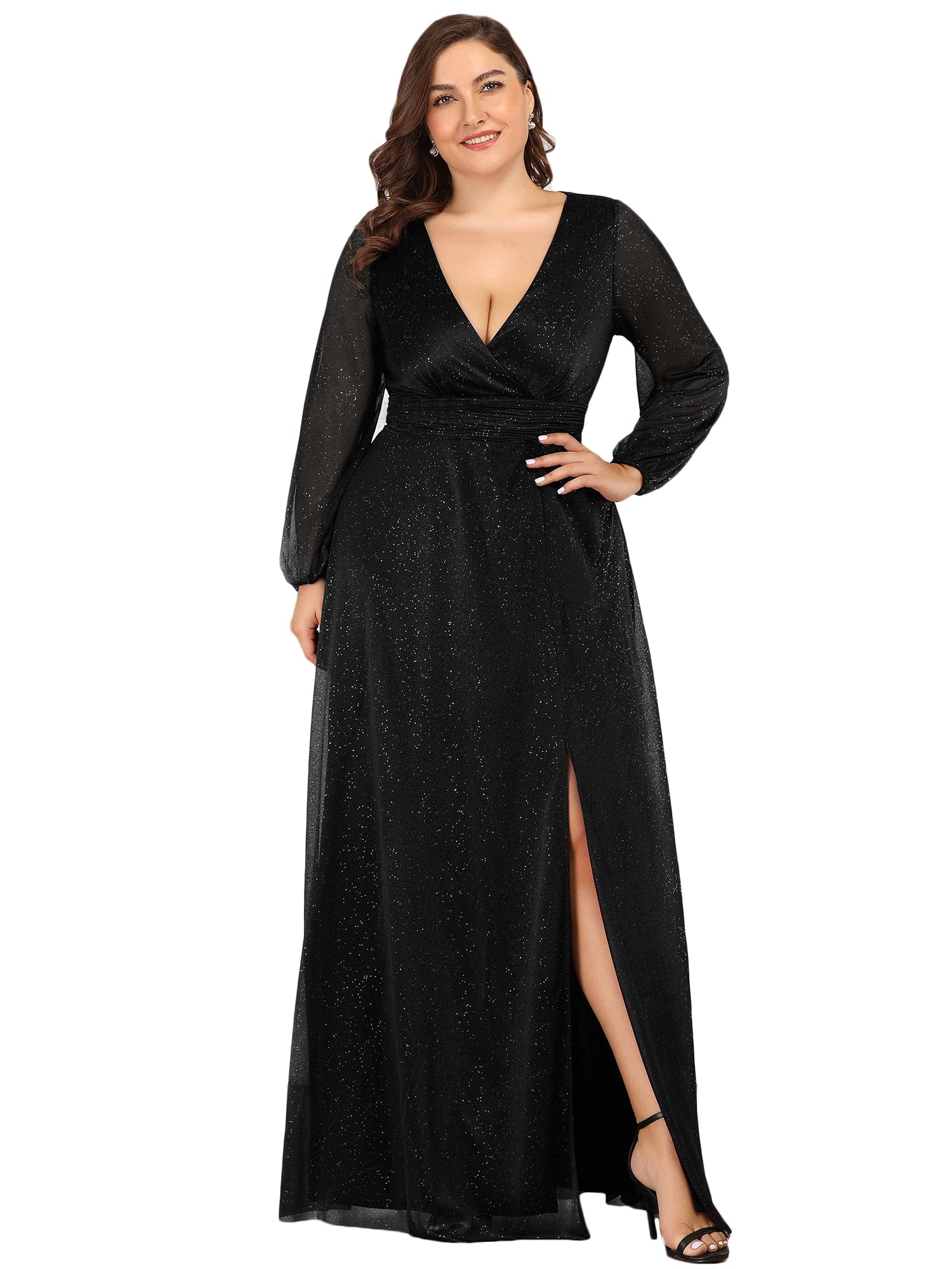 Ever-Pretty Women's Leg Slit V-Neck Sparkle Plus Size Evening Party Dress with Sleeves Black US14