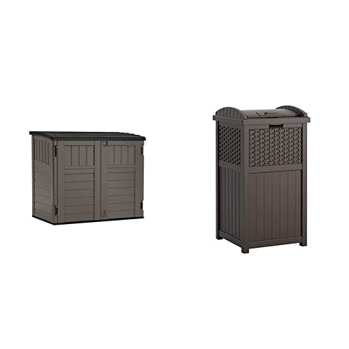 Suncast 4' x 2' Horizontal Storage Shed - Natural Wood-Like Outdoor Storage - Stoney & 33 Gallon Hideaway Can Resin Outdoor Trash with Lid Use in Backyard, Deck, or Patio, 33-Gallon, Brown