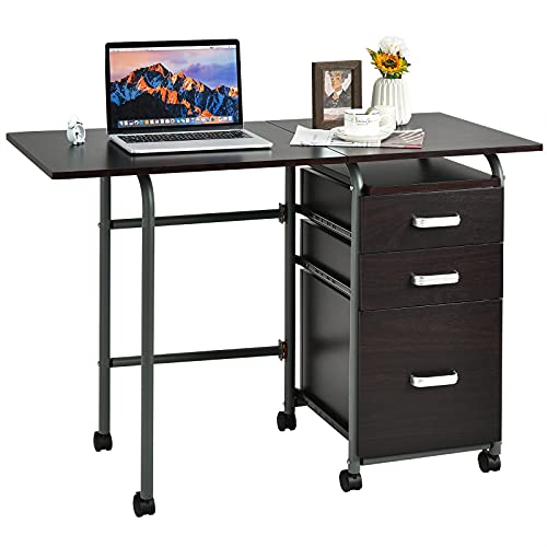 Tangkula Folding Computer Desk with 3 Storage Drawers, Mobile Home Office Desk Study Writing Desk with Smooth Wheels, Space Saving Compact Desk for Dorm Apartment, Rolling Folding Desk Table