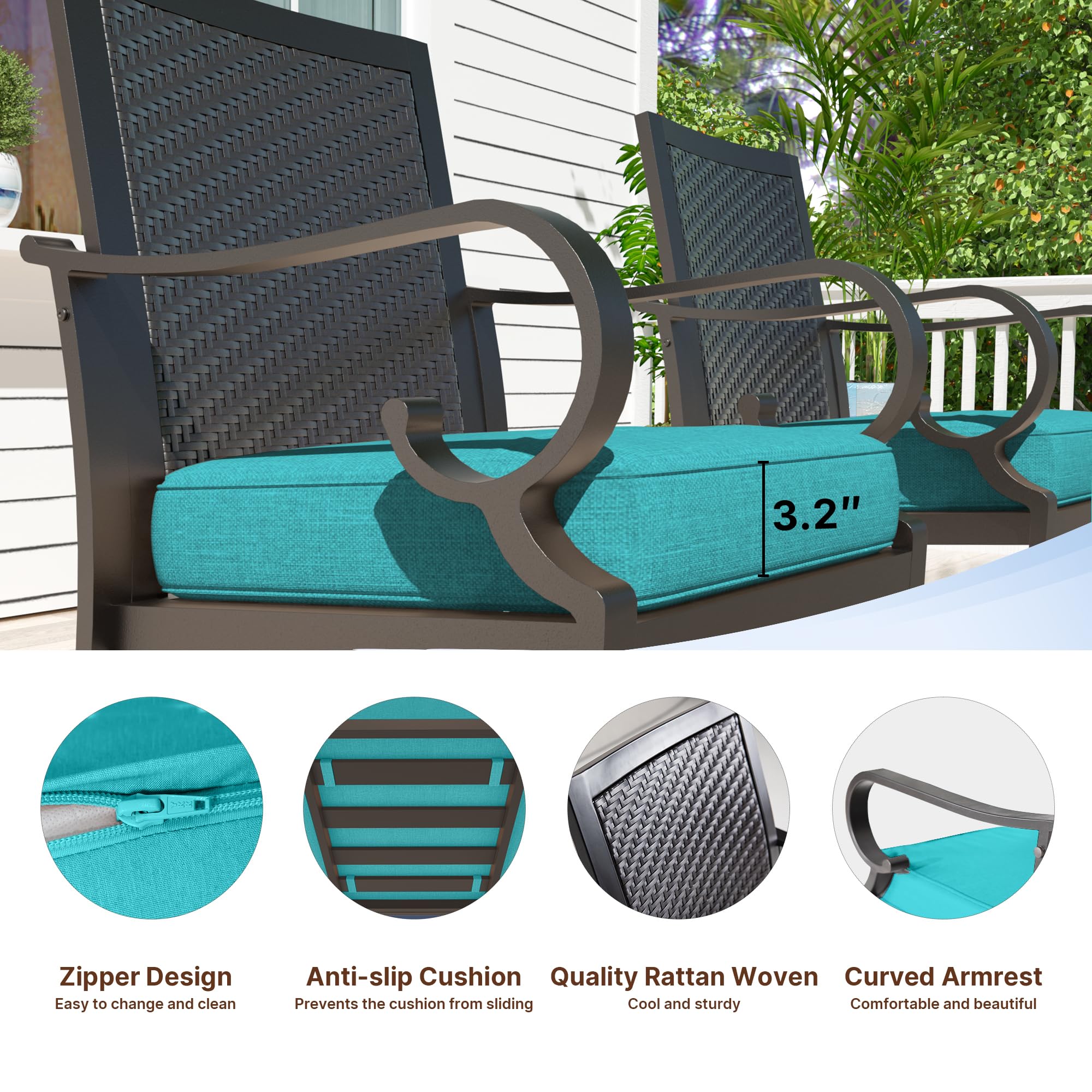 Gotland 7 Piece Outdoor Dining Table and Chairs for 6, Rectangular Patio Dining Table with Umbrella Hole, Modern Outdoor Patio Set, Lawn Garden Outdoor Table and Rattan Chairs