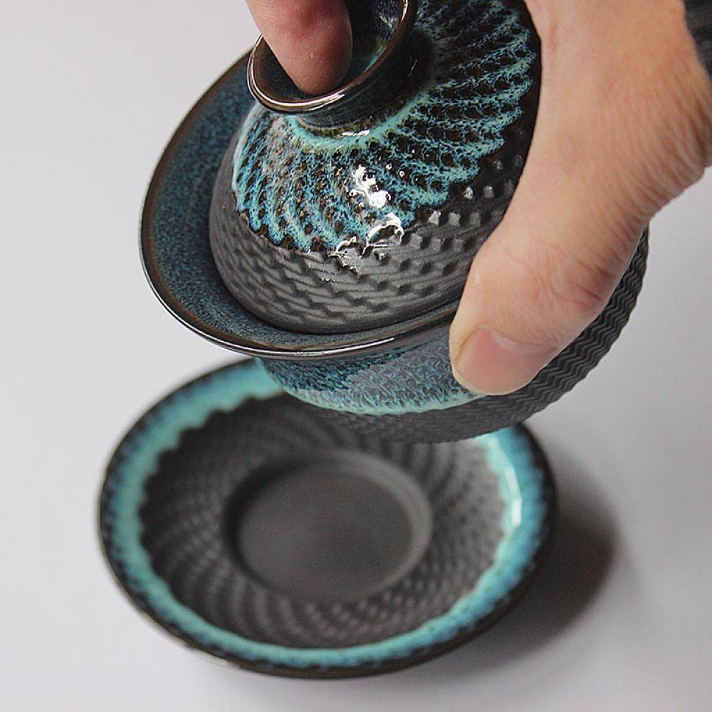 Gaolinci Kiln Glazed Ceramic Jianzhan Teacup Kung Fu Tea Cup and Saucer with Lid. 5 Oz Sancai Gaiwan
