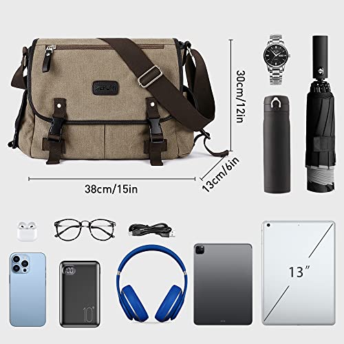 Messenger Bag for Men,crossbody bags aesthetic,Unisex Classic Military Canvas Shoulder Bag, Multi-poc,Brown