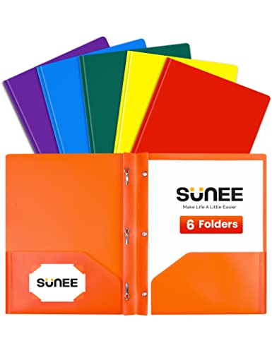 SUNEE 2 Pocket Folders with Prongs (6 Pack, Assorted Color) Plastic Folders with Pockets and Prongs Fit Letter Size, Poly Folders with Pockets for School Office Home Bussiness