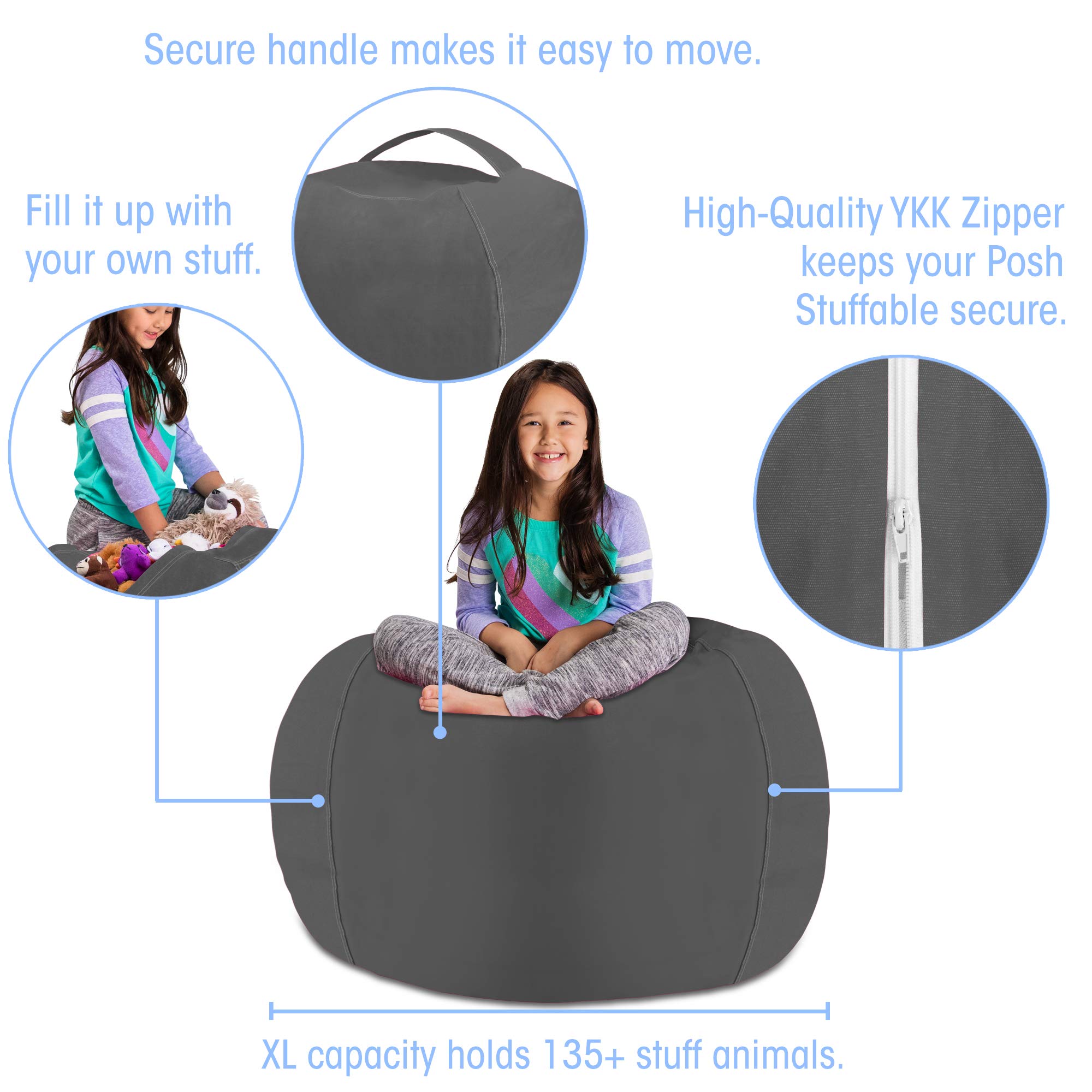 Posh Stuffable Kids Stuffed Animal Storage Bean Bag Chair Cover - Childrens Toy Organizer, X-Large 48" - Heather Gray