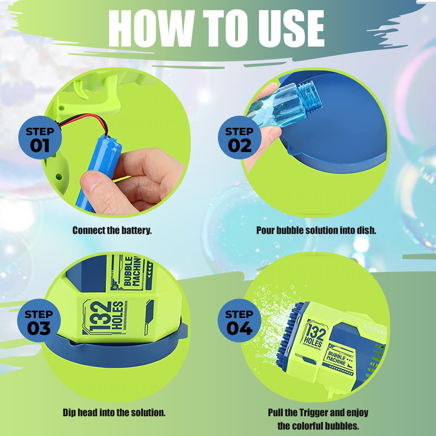 Dynasty Pro Bubble Machine Gun 132 Hole Bubble Maker - Bazooka Bubble Gun and Lights - 6000+ Bubbles Per Min Suitable for Children & Adults - Electric Bubble Gun For Indoor, Outdoor & Birthday (Green)