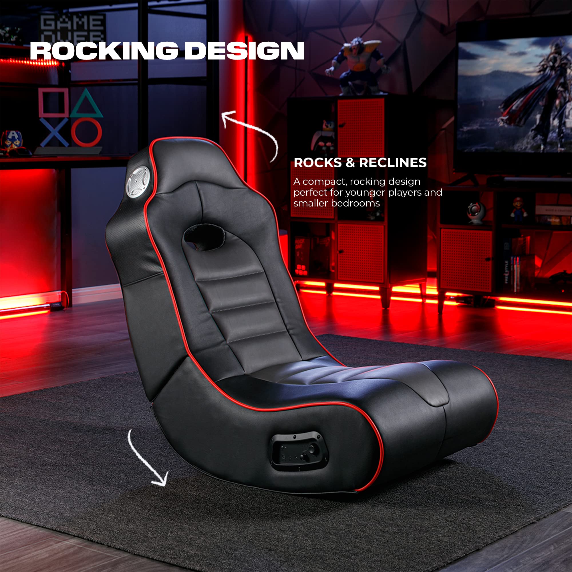 X Rocker Surge Video Gaming Floor Chair with Built-In Wireless Bluetooth Audio, Foldable, Padded Backrest, Faux Leather, 275 lbs Max, Black and Red