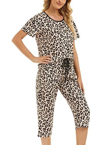 LOCUBE Women's Pajama Sets Soft Comfy Pj Set Short Sleeve Tops and Capri Pants with Pockets (#9 Leopard, Medium)