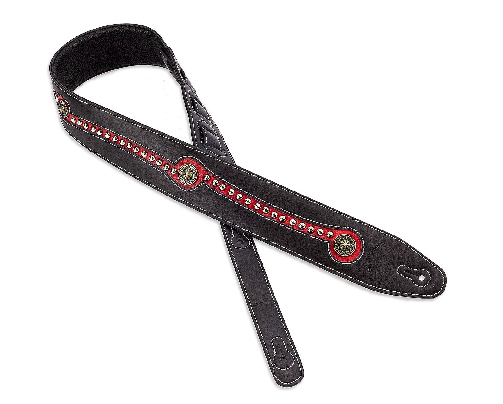 Walker & Williams Black & Red Western Style Padded Guitar Strap with Chrome and Brass Studs For Acoustic, Electric, And Bass Guitars