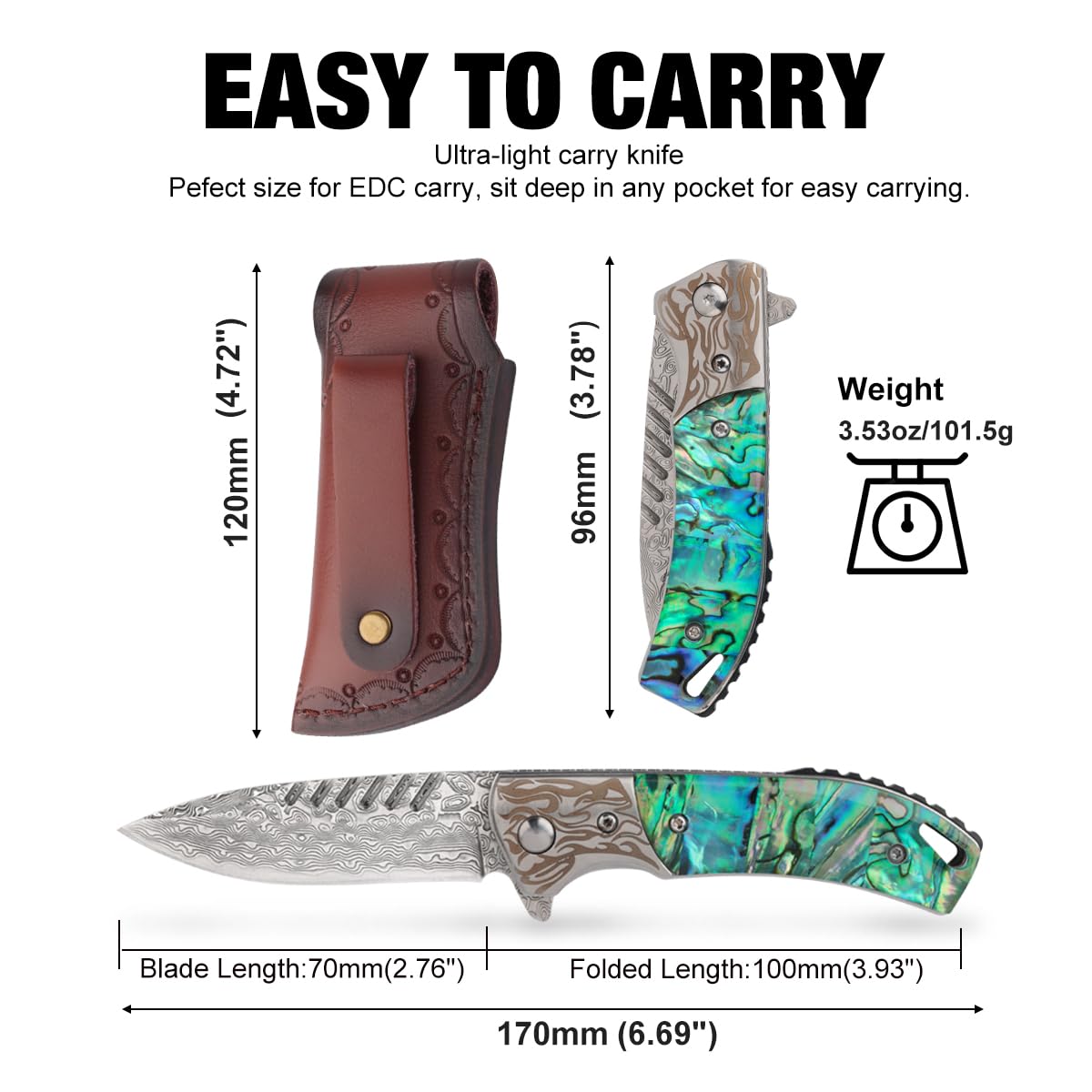 Cottonbell Damascus Pocket Knife for Men Women, Unique Abalone Seashells Handle Folding Knives,EDC Knife Survival Knife with Safety Liner Lock