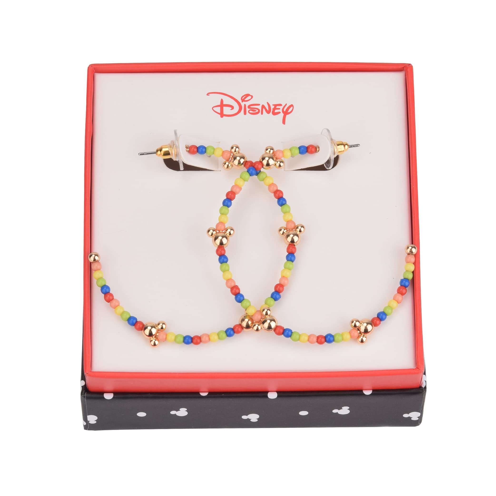 Disney Mickey Mouse Beaded Hoop Earrings, One Pair for Women, Girls in Authentic Jewelry Gift Box, Gold Tone, Open Loop Design with 2” Drop, Post Closure