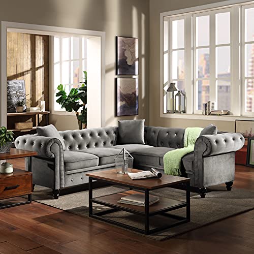 SIYAHOME Sofas & Couches 80 x 80 x 28β Deep Button Tufted Velvet Upholstered Rolled Arm Classic Chesterfield L Shaped Sectional Sofa 3 Pillows Included, Grey, 808028