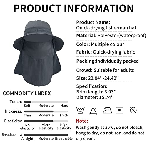 Men's Wide Brim Sun Fishing Hat Outdoor UPF 50+ Sun Protection with Removable Face and Neck Flap Dark Grey