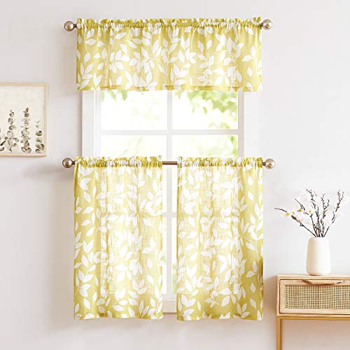 Treatmentex Valance Curtain for Window 15" Leaf Print Kitchen Valances, Mustard Yellow and White, 52" w 1 Panel