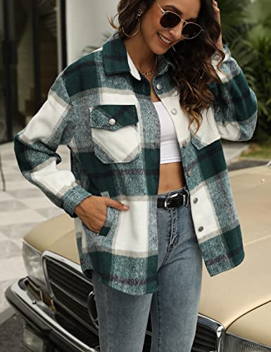 Tanming Womens Brushed Flannel Plaid Lapel Button Short Pocketed Shacket Shirts Coats(01 Green-M)