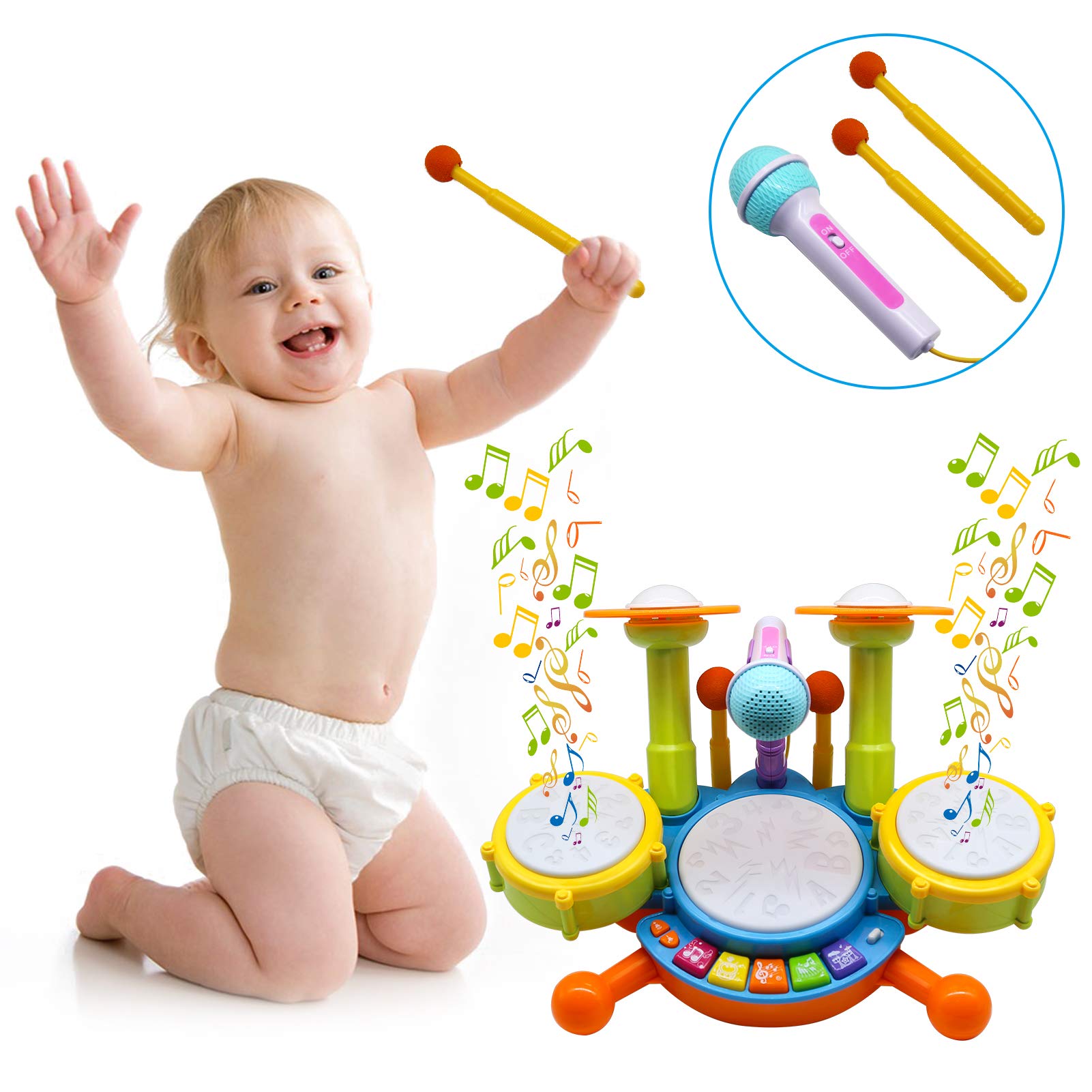Drum Set for Kids with 2 Drum Sticks and Microphone, Musical Toys Gift for Toddlers… (Green)
