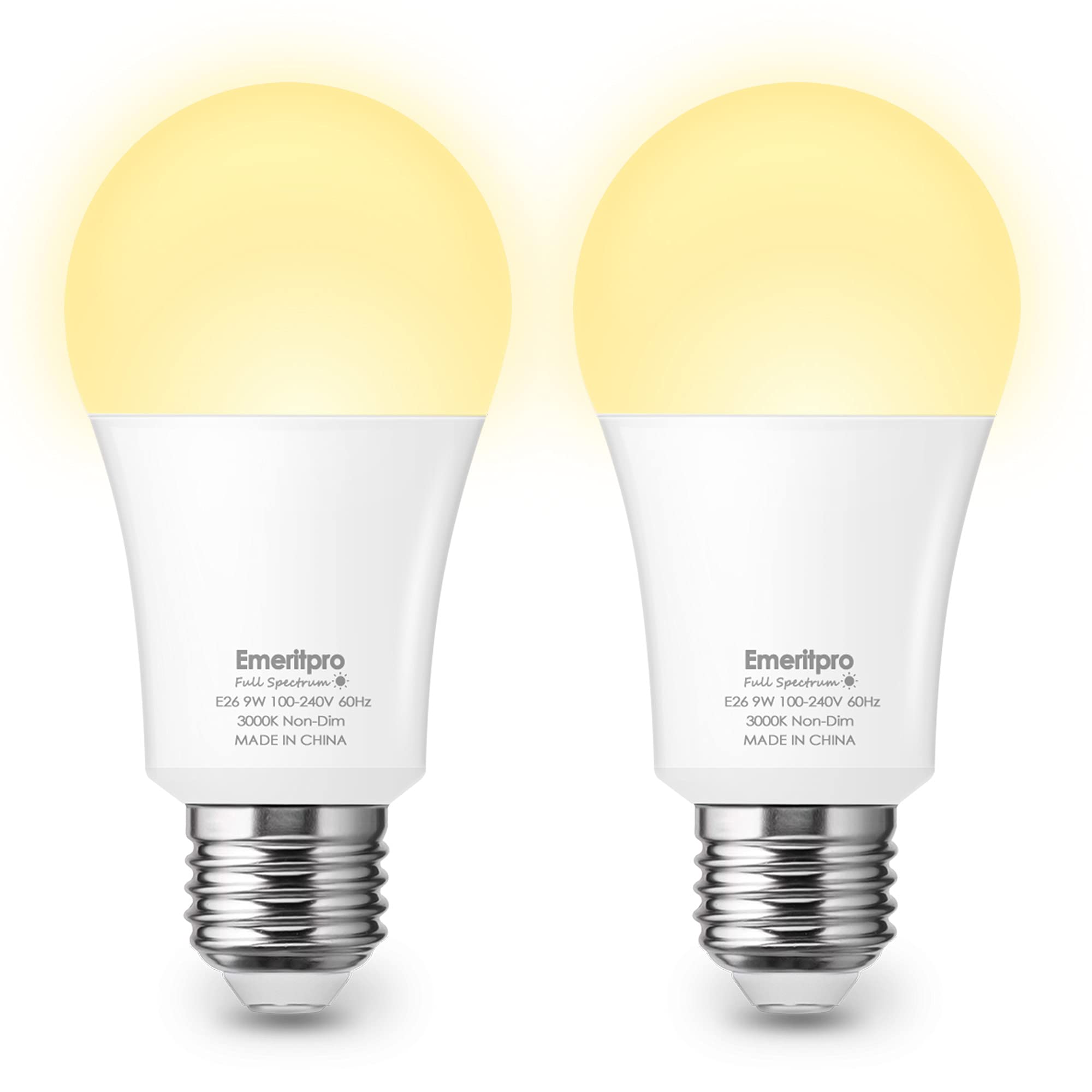 Emeritpro A19 Plant Light Bulbs, Full Spectrum Light Bulb E26 9W(80W Equivalent) for Plants, Therapy Lamp Bulb, 3000K Sunbeam for Greenhouse, Garden, Hydroponic, 2 Pack