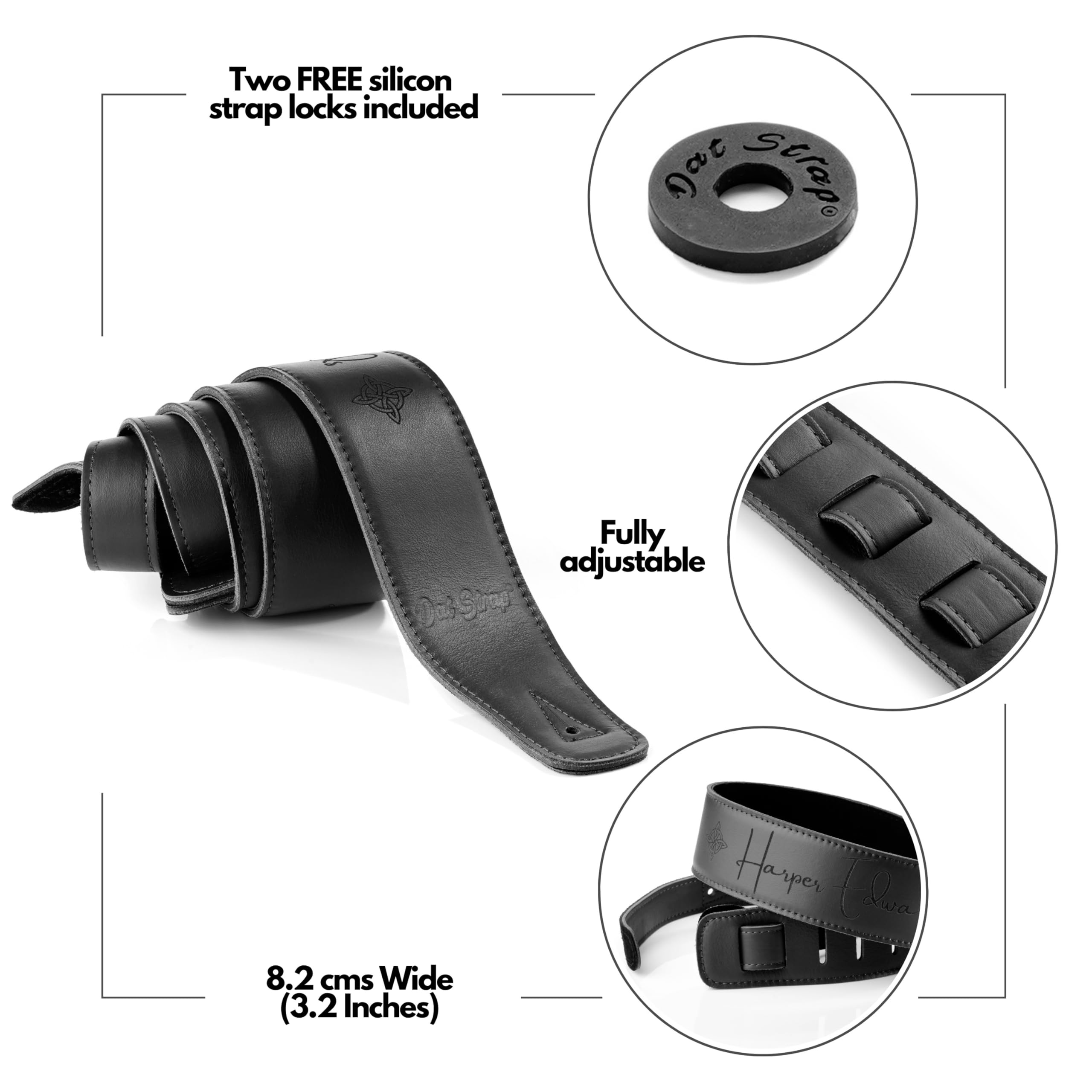 Dat Strap Black Leather Guitar Strap 100% Handmade Adjustable Real Leather | Padded Layer for Comfort | for Electric, Acoustic, Bass and Classical Guitar