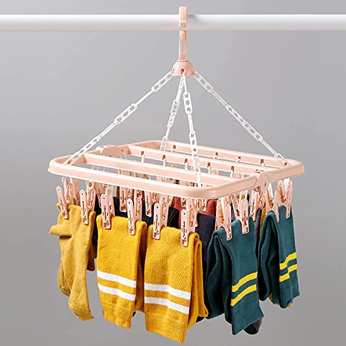 MENFENG Clothes Drying Hanger and Drip Foldable Hanging Sock Rack(32 Clips ) Multifunction Clothes Drying Rack,Rotary Wind-Sock Hanger for Washing line,for Socks, Underwear, Bras, Baby Clothes (Pink)