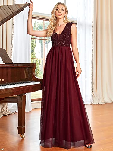 Ever-Pretty Women's Long Glitter A-line Tulle Formal Wedding Party Dress for Women Burgundy US14