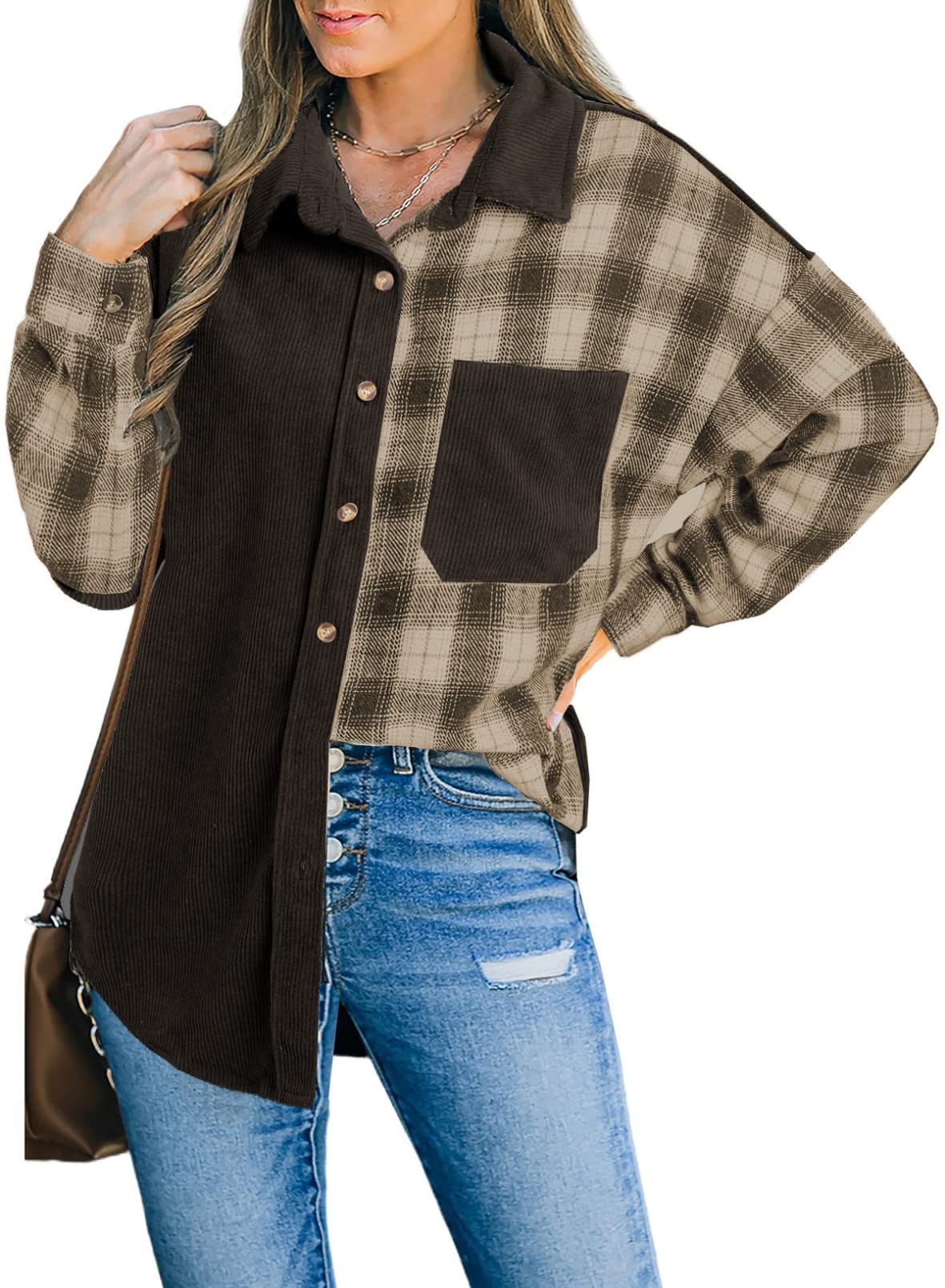 Dokotoo Shirts for Women Color Block Plaid Patchwork Long Sleeve Turn Down Collar Shacket Fall Boyfriend Style Contrast Button Down Shirts Tops with Bust Pocket Blue L