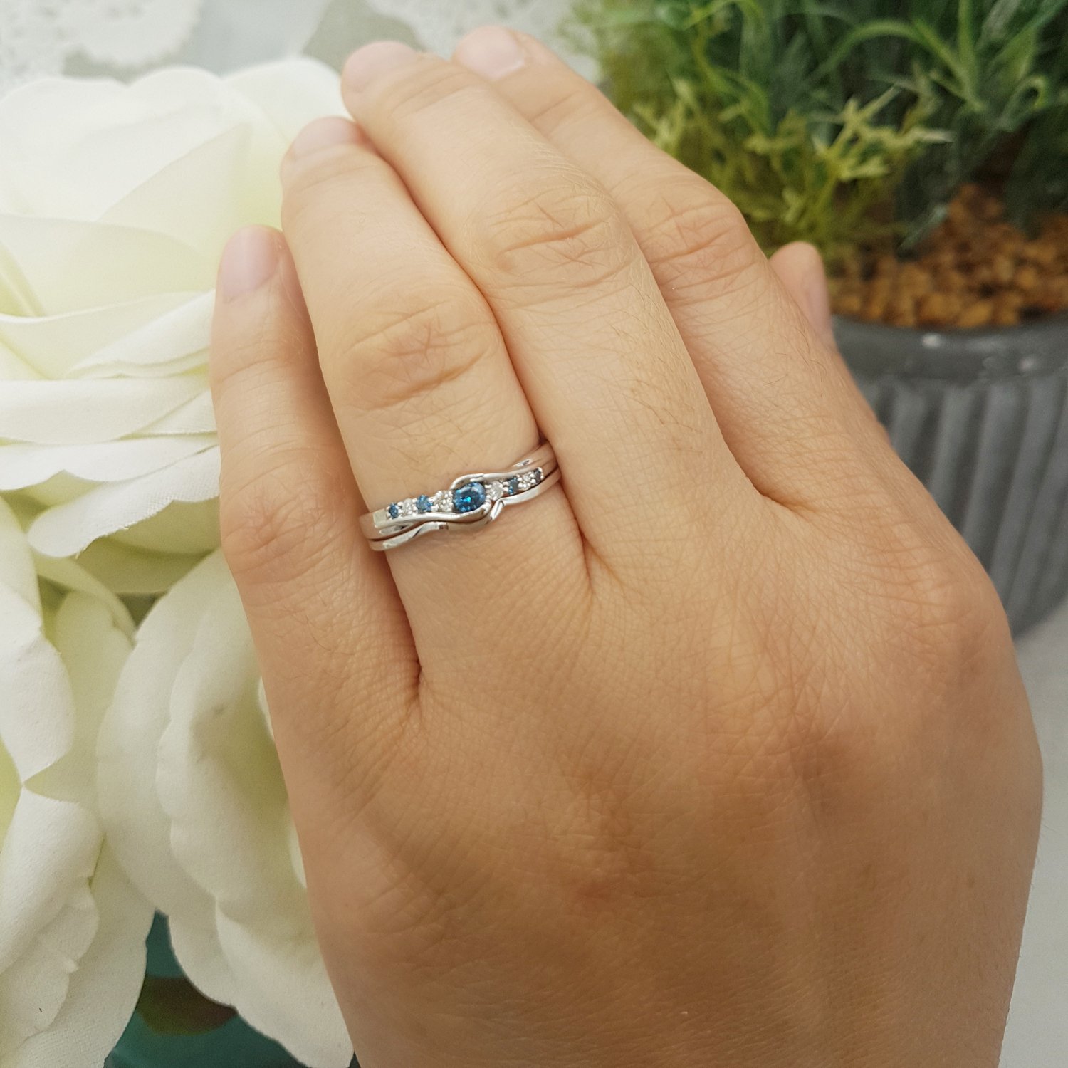 Dazzlingrock Collection 0.25 Carat (Ctw) 10k Round Blue & White Diamond Women Bridal Promise Engagement Wedding Set Ring with Matching Band in White Gold, Size 7