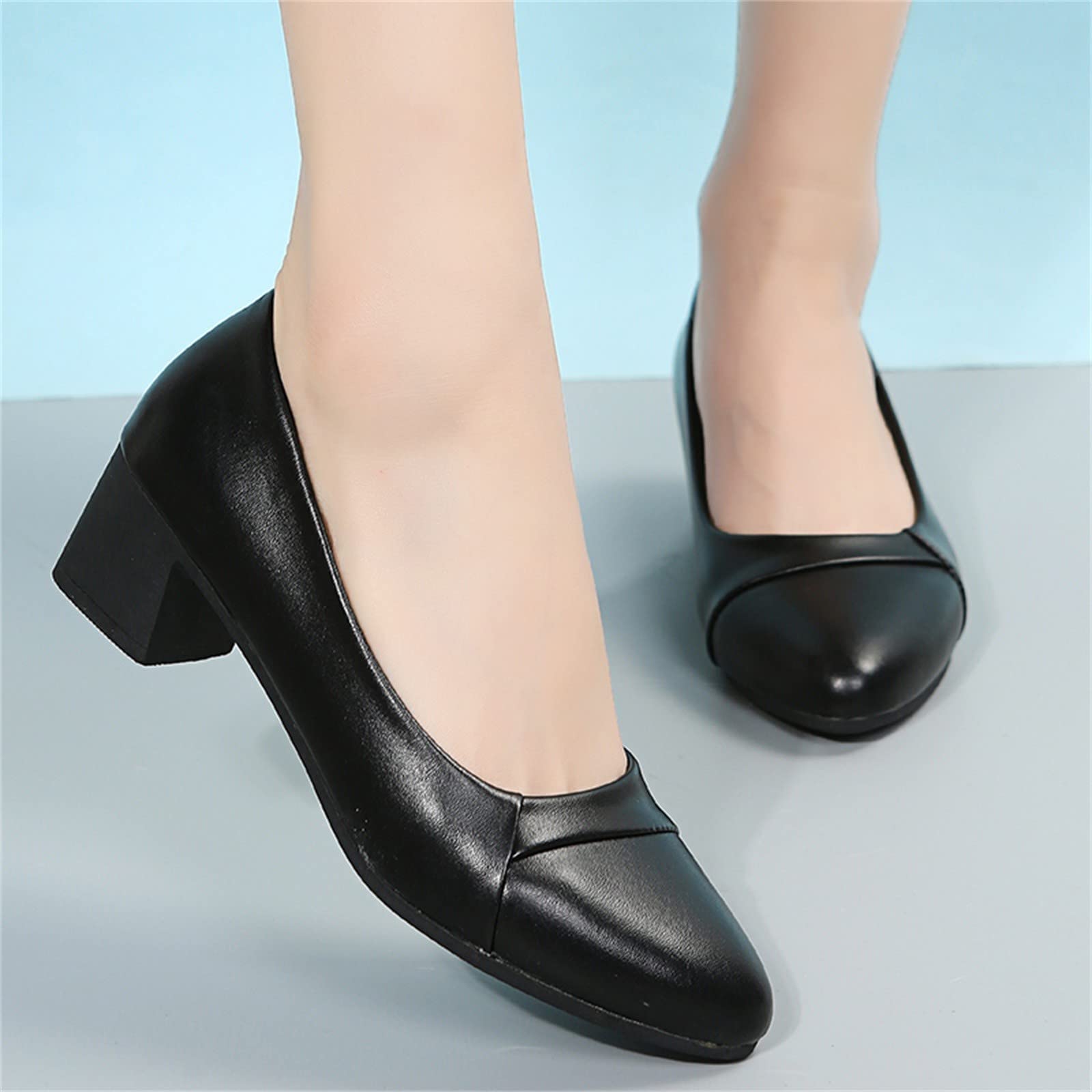 Fashion Summer and Autumn Women Pumps Shoes Pointed Toe Solid Color Simple Style Medium Heel Thick Clear Heels Size 13 Black