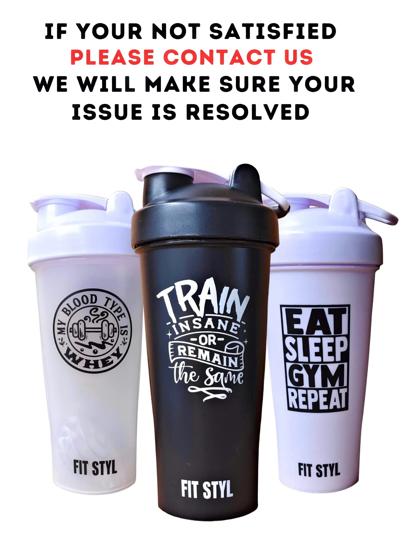 Generic FIT STYL Protein Shaker cup Set [3 PACK] 28 oz blender bottle, gift gym, new years resolution, Black, White, and Opaque