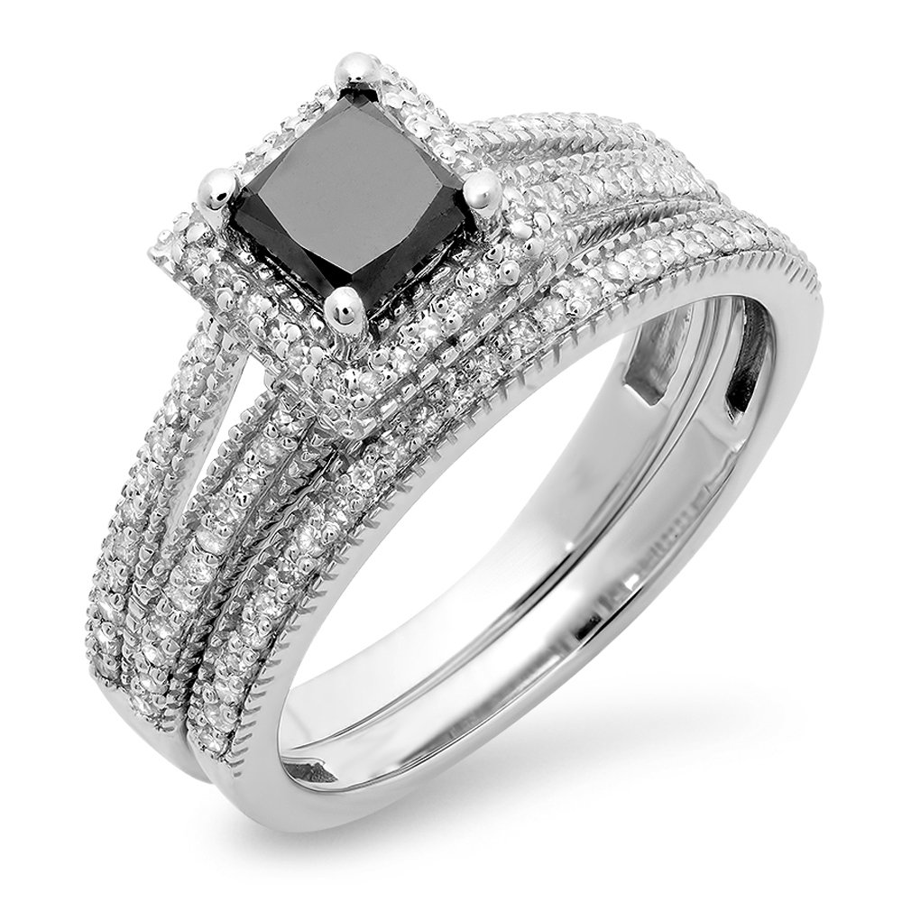 Dazzlingrock Collection 1.35 Carat (Cttw) Princess Black & Round White Diamond Split Shank Halo Wedding Ring Set for Women in 14K Solid White Gold, Size 8