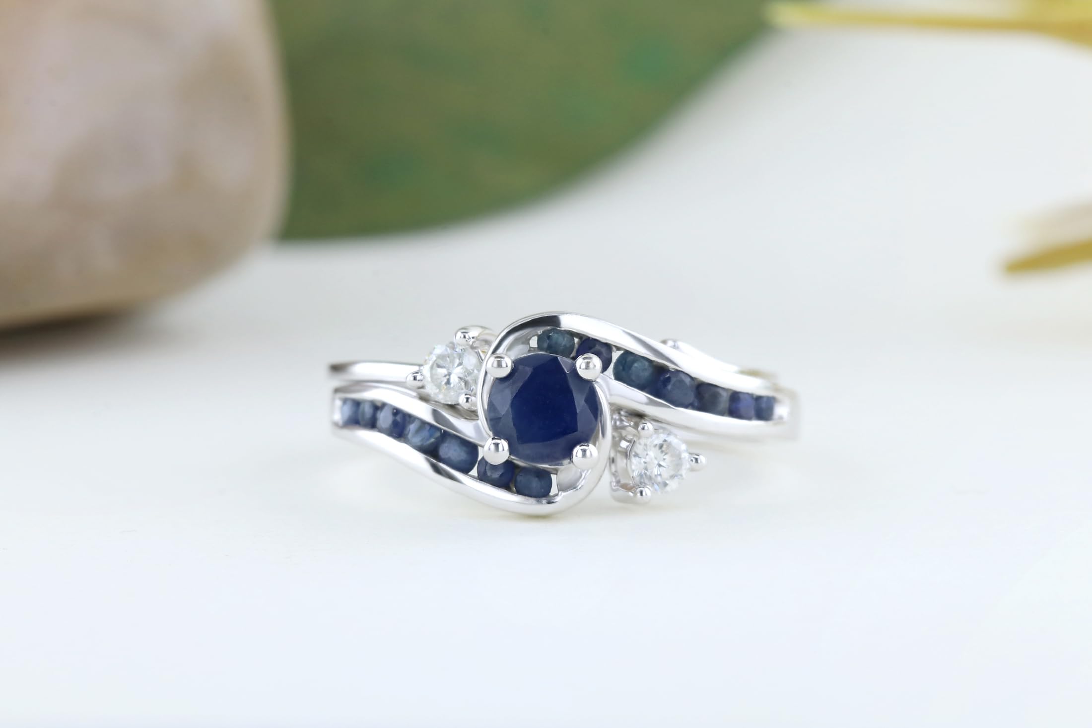 Dazzlingrock Collection 10K Round Blue Sapphire And White Diamond Swirl Bridal Engagement Ring Set, White Gold, Size 8.5