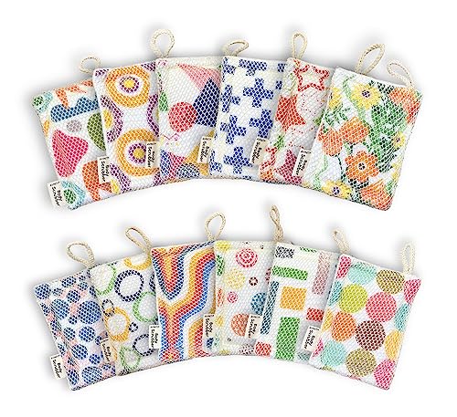 Premium Exfoliating Pad, Scrub, Body Scrubber, Dual-Sided with African Net/Cotton Flannel and Terry Cloth β Bath Shower Sponge-Gets You Clean, Not Just applying Soap β 24 Random Designs (2-Pack)