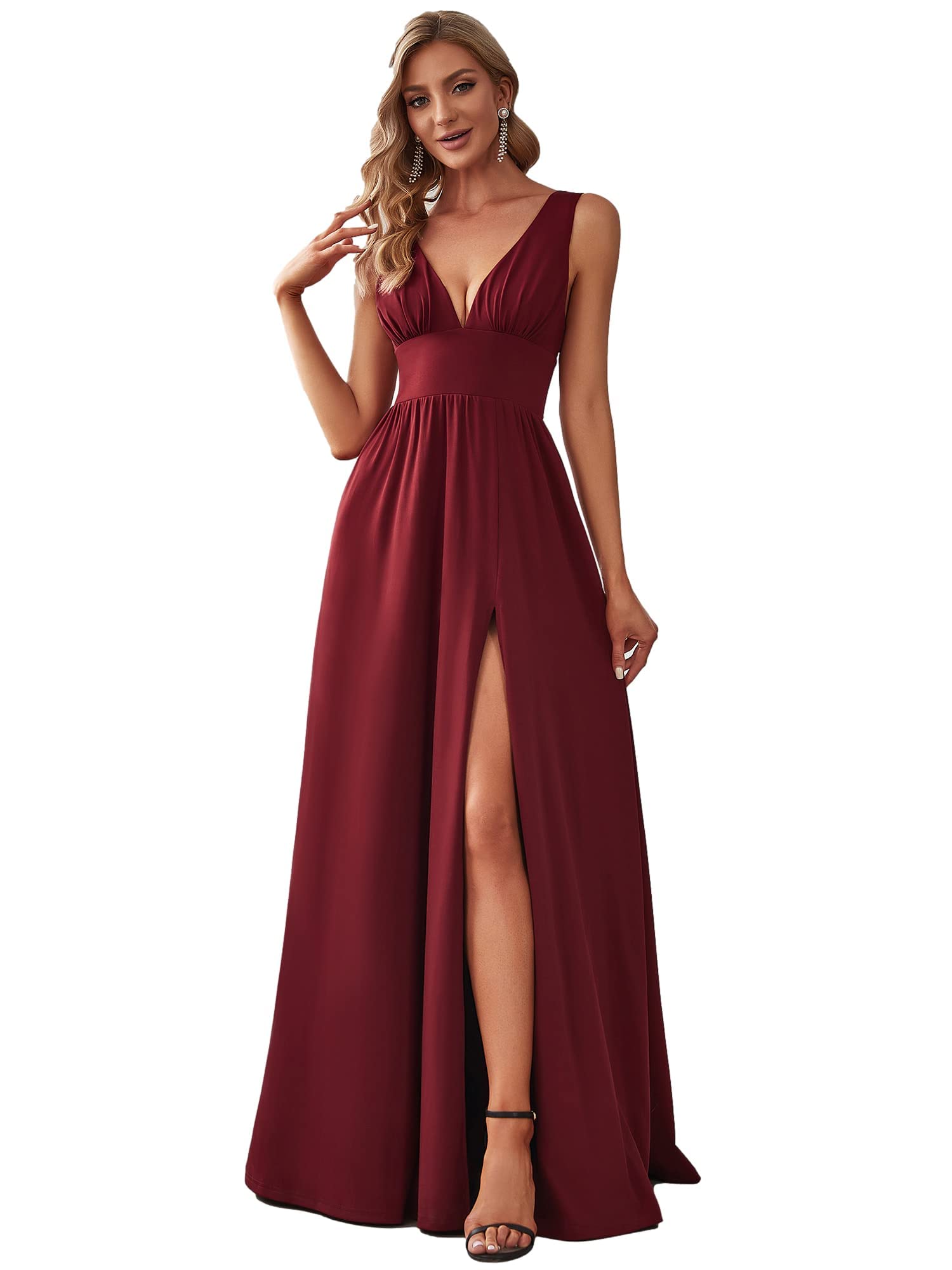 Ever-Pretty Women's Bridemaids Dresses Deep V-Neck Sleeveless Side Slit Floor Length Wedding Guest Dress Burgundy US4