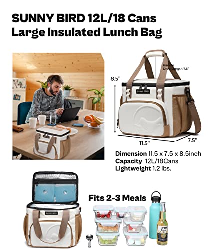 SUNNY BIRD 12L Large Insulated Lunch Bag, Leakproof and Foldable Lunch Cooler Box for Women Adult and Men, Fits 18 Cans (Ivory White 01)