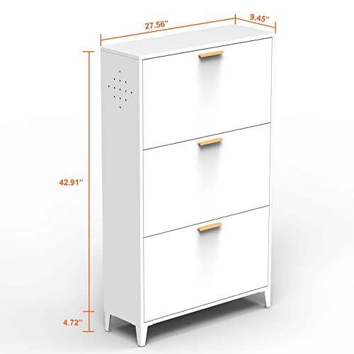 Metal Shoe Cabinet with 3 Flip Drawers, Wall Mounted & Upright Narrow Shoe Storage Organizer with Adjustable Shelf, Modern White Free Standing Shoe Cabinet for Entryway, Hallway, Holds 20 Pair Shoes