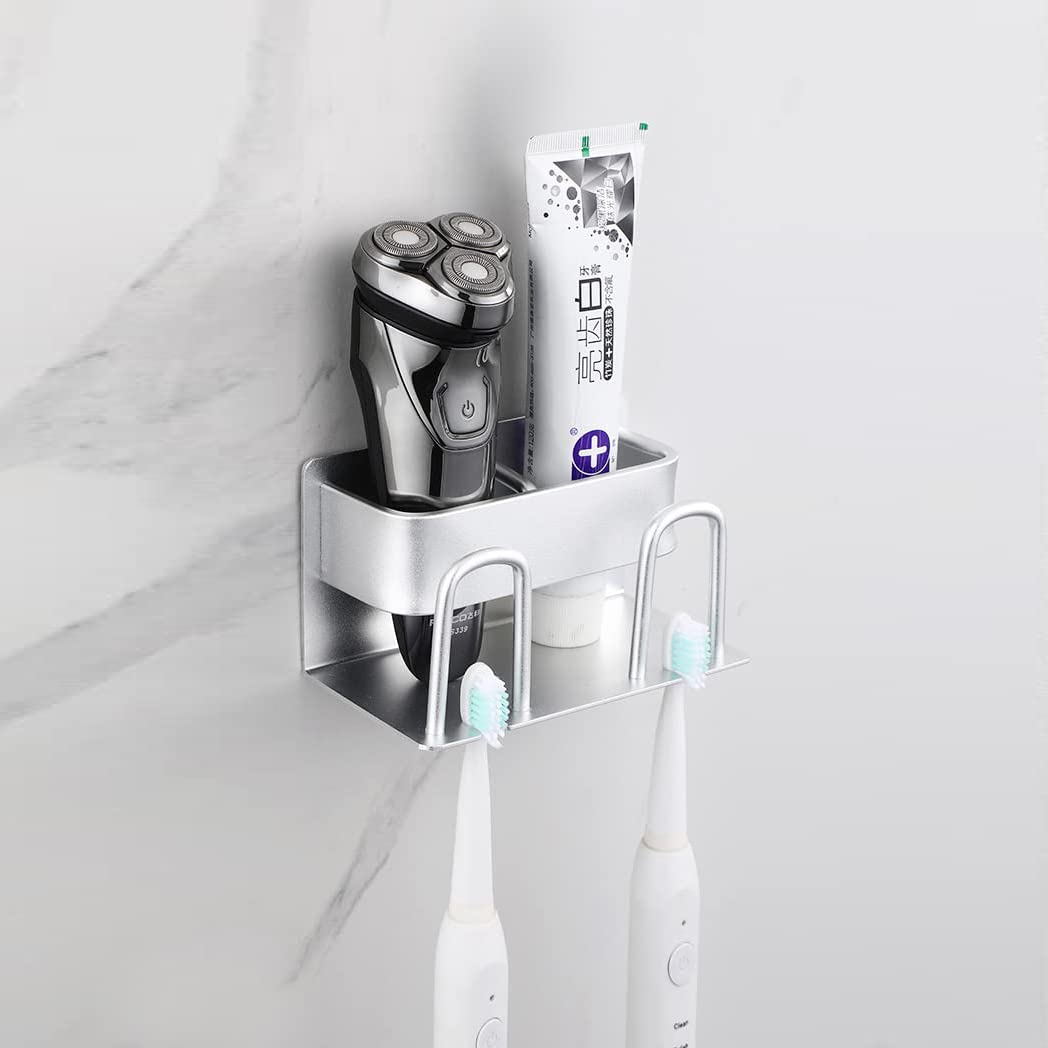 Toothbrush Holder Wall Mounted, Bathroom Accessories Organizer, No Drilling for Wall, Space Aluminum Material Silver (2 Slots)