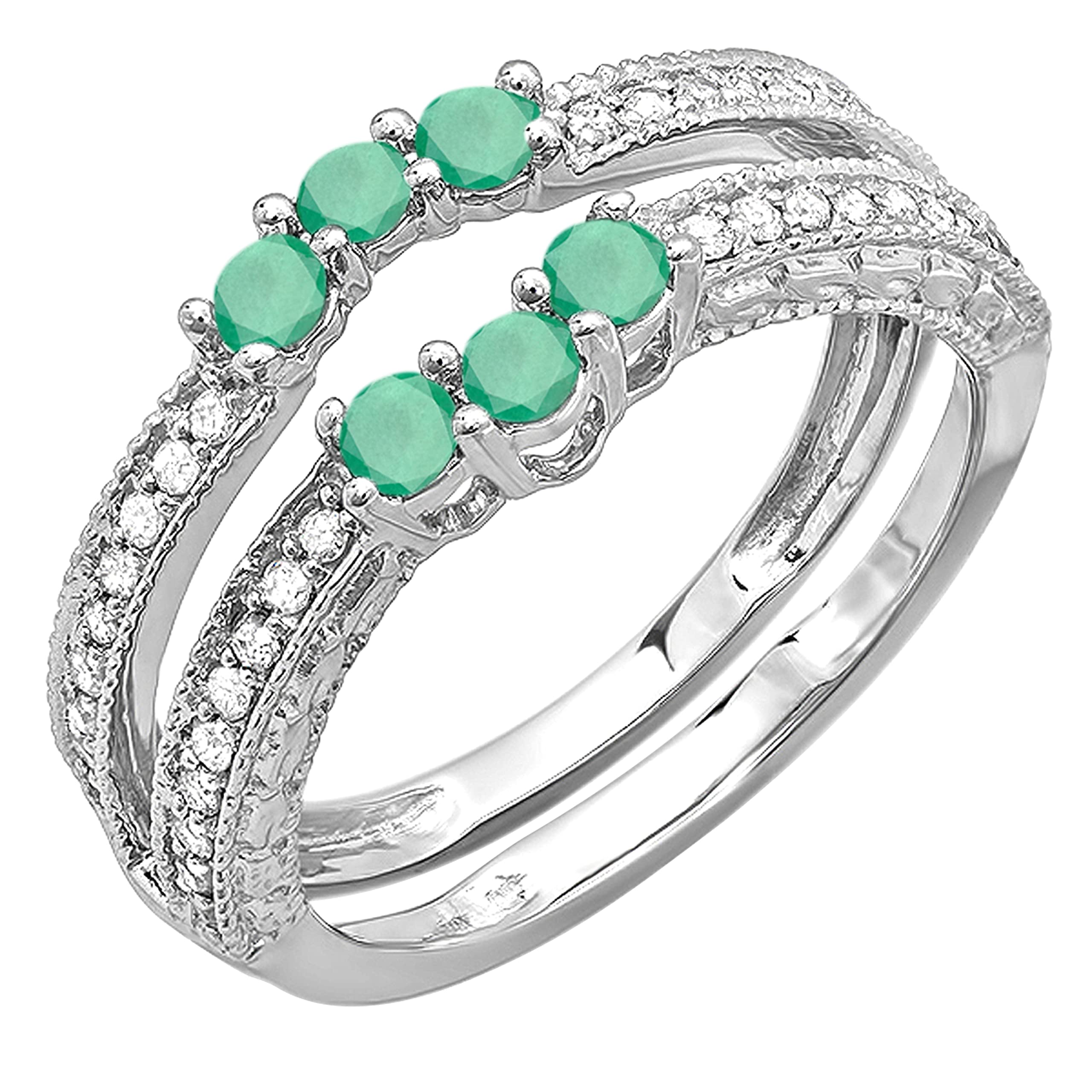 Dazzlingrock Collection Round Emerald & White Diamond Contour Double Guard Enhancer Wedding Ring for Her in 14K White Gold, Size 6.5