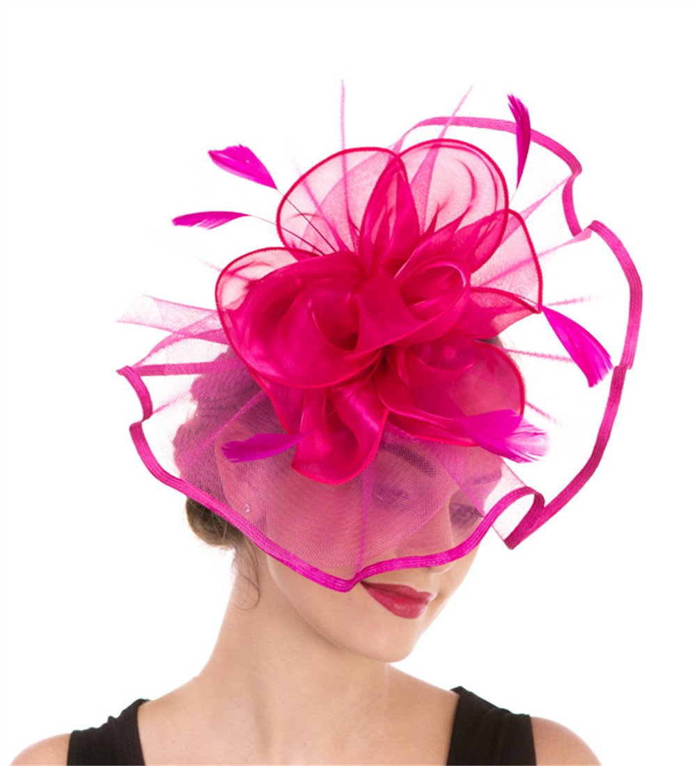 Fascinator Women's Organza Church Kentucky Derby British Bridal Tea Party Wedding Hat Summer Ruffle Hat(Hj2-Fuschia)