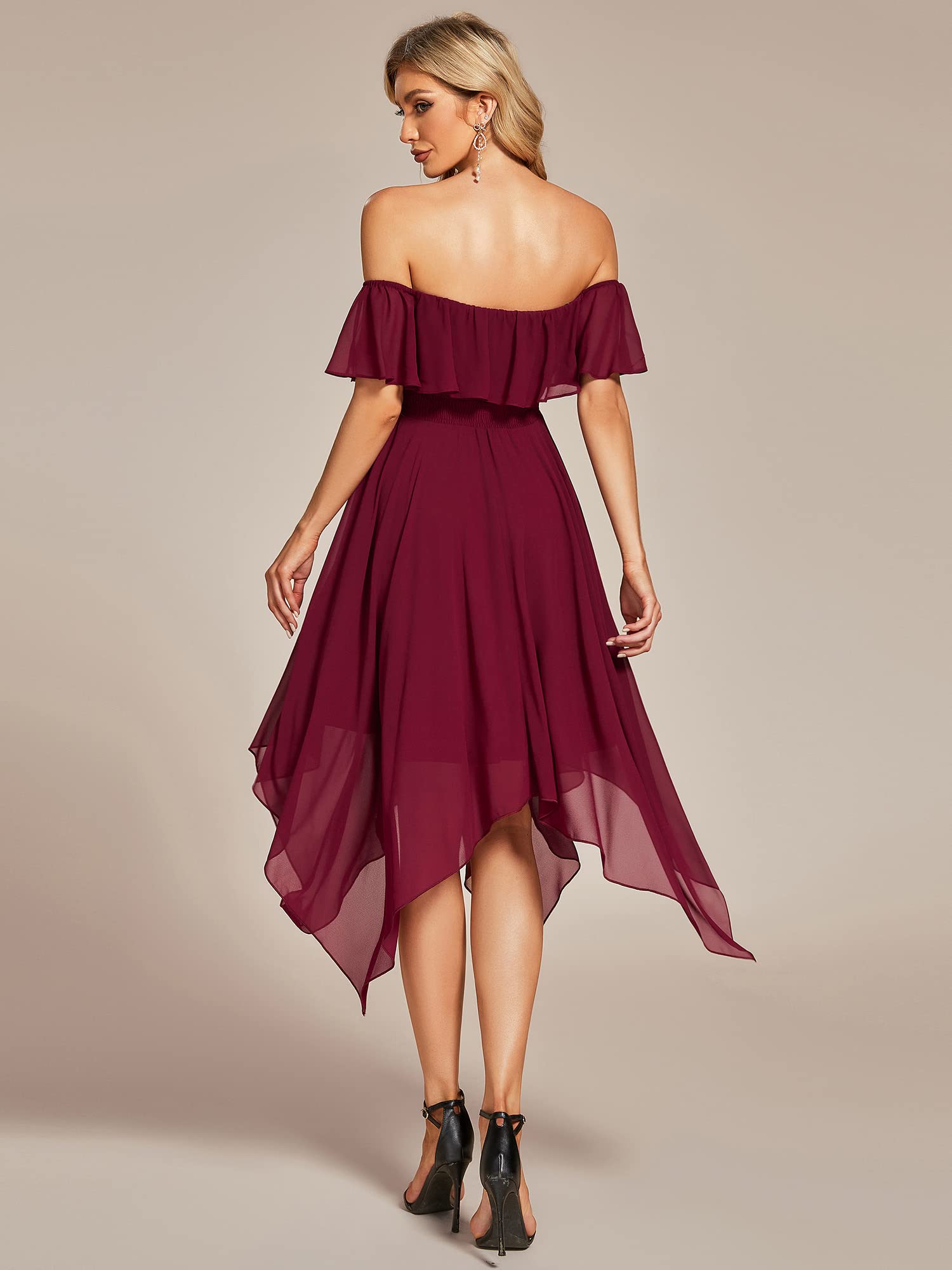 Ever-Pretty Women's Elegant Off The Shoulder Asymmetric Hem Chiffon Midi Spring Dresses for Women Burgundy US12