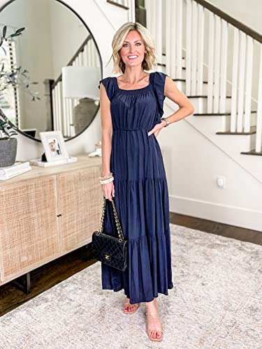 PRETTYGARDEN Women's Summer Bohemian Sleeveless Maxi Dress Square Neck Ruffle Flowy Long Sun Dress Wedding Guest Dress 2023 (Solid Navy, Large)