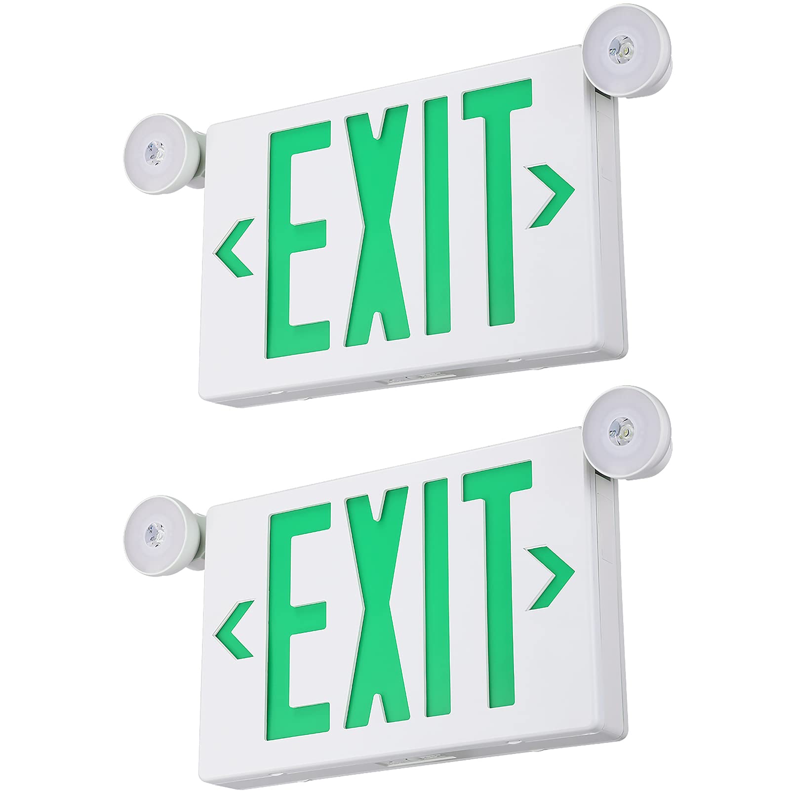 TORCHSTAR Green LED Exit Sign with Emergency Lights, UL 924, Emergency Exit Light with Battery Backup, Adjustable Heads, Fire Exit Sign with Lights, Double Face, AC 120/277V, Damp Location, Pack of 2