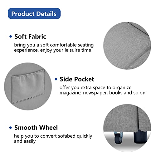 Merax 54.5'' Modern Convertible Sleeper Sofa Bed with Two Side Pockets, Grey Fabric Sofa w/Pull-Out Bed Loveseat Sofa Couch and Adjsutable Back for Living Room