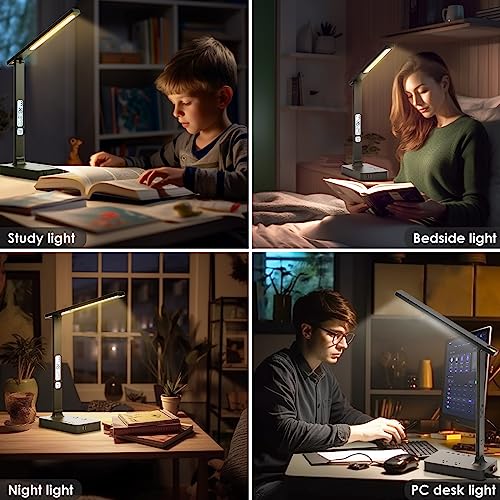 LED Foldable Desk Lamp with 2 USB Charging Port & 2 AC Power Outlets, 5 Color& 5 Brightness.Touch Control Dimmable Office/Home Timer Table Lamps with Clock, Alarm, Date, Temperature, Night light.