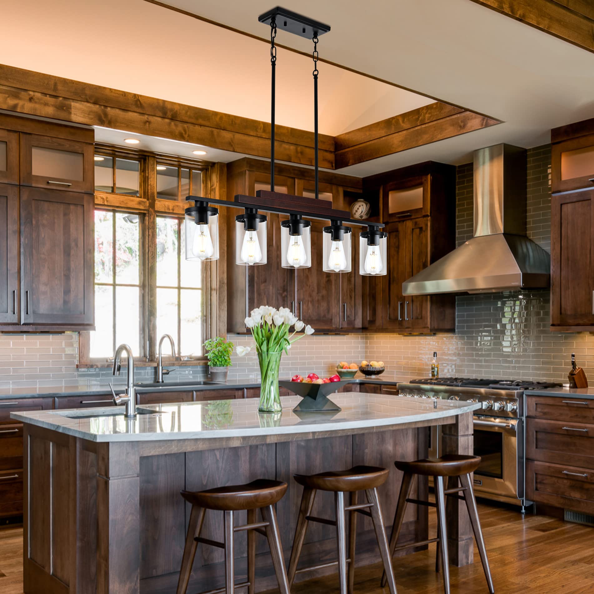 Dining Room Light Fixture/Chandelier Over Table,5-Light Kitchen Island Lighting Hanging for Farmhouse Linear Chandeliers Matte Black Rustic Wood Ceiling Pendant Light Fixtures with Clear Glass Shade