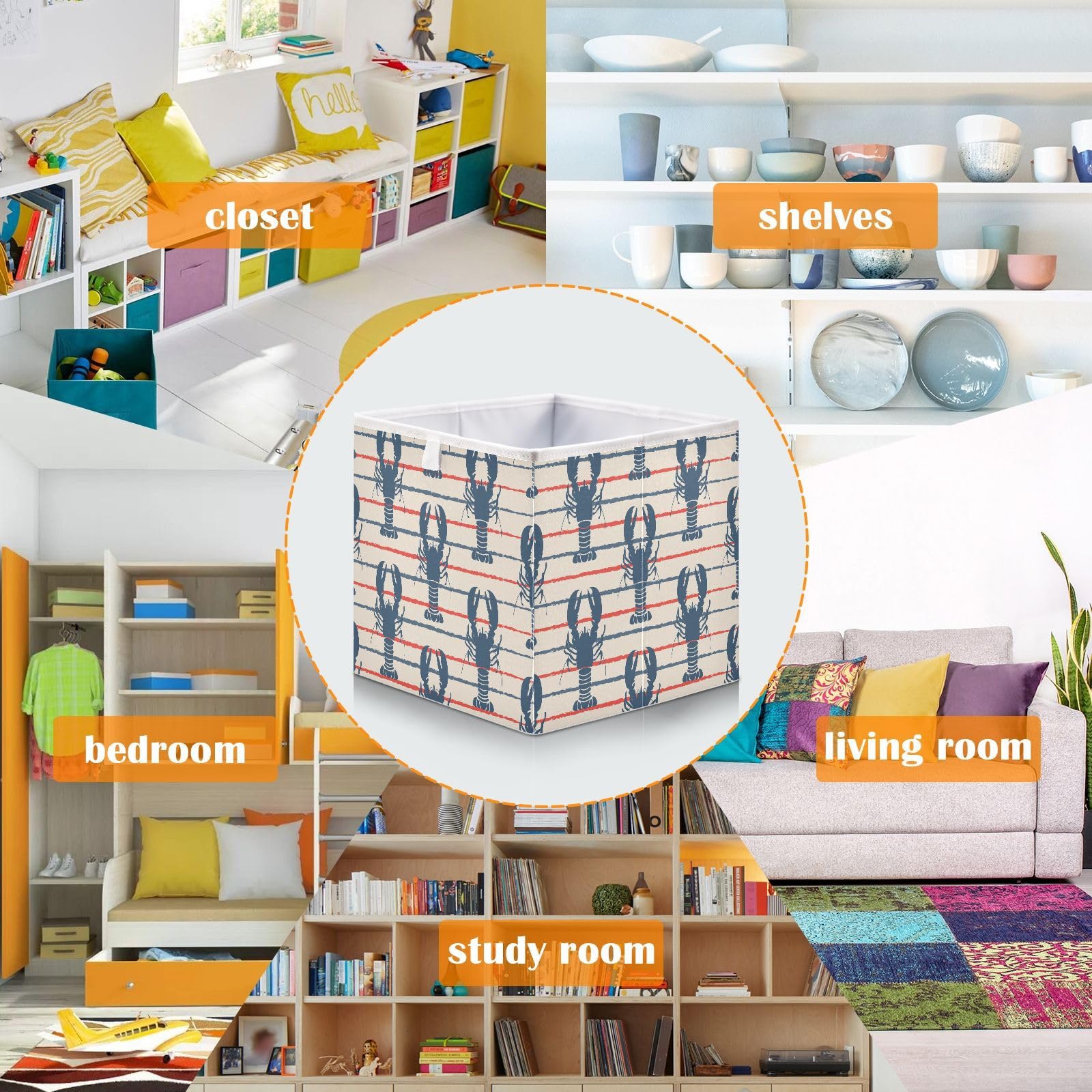 Emelivor Retro Marine Lobster Cube Storage Bin Fabric Storage Cubes Large Storage Baskets for Shelves Collapsible Cube Organizer Bins for Shelves Home Office Clothes Clothing,11 x 11inch