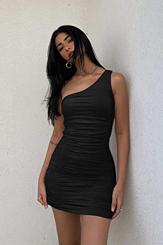 PRETTYGARDEN Women's 2023 Summer Ruched Mini Dress Sexy One Shoulder Sleeveless Party Cocktail Bodycon Short Dresses(Black,X-Large)