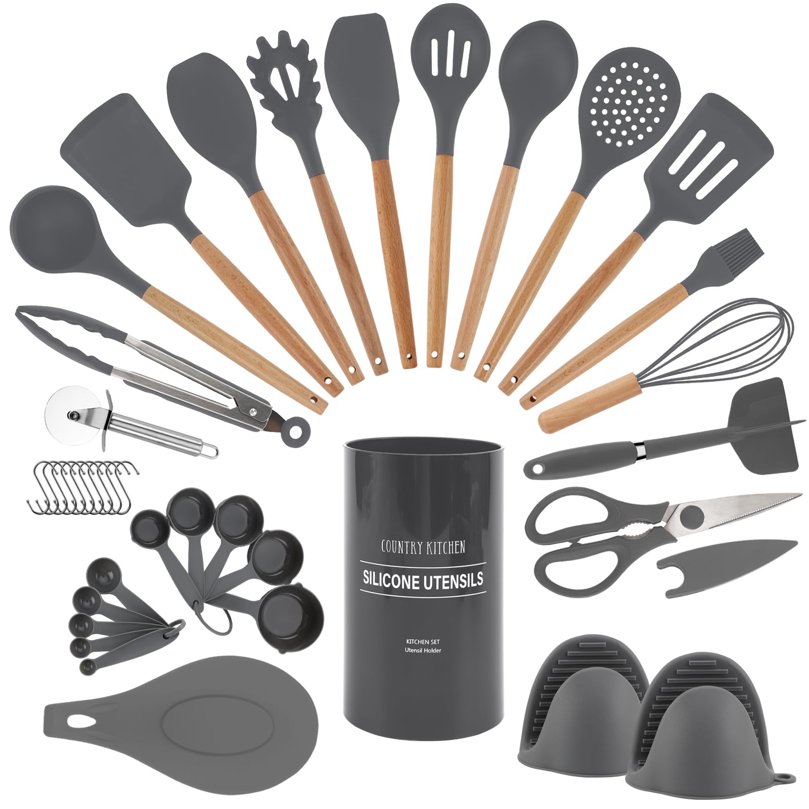 Country Kitchen Cooking Utensils Set - 40 pcs Non-stick Silicone Spatula Set with Holder, Wooden Handles and Heat Resistant Gadgets Utensil