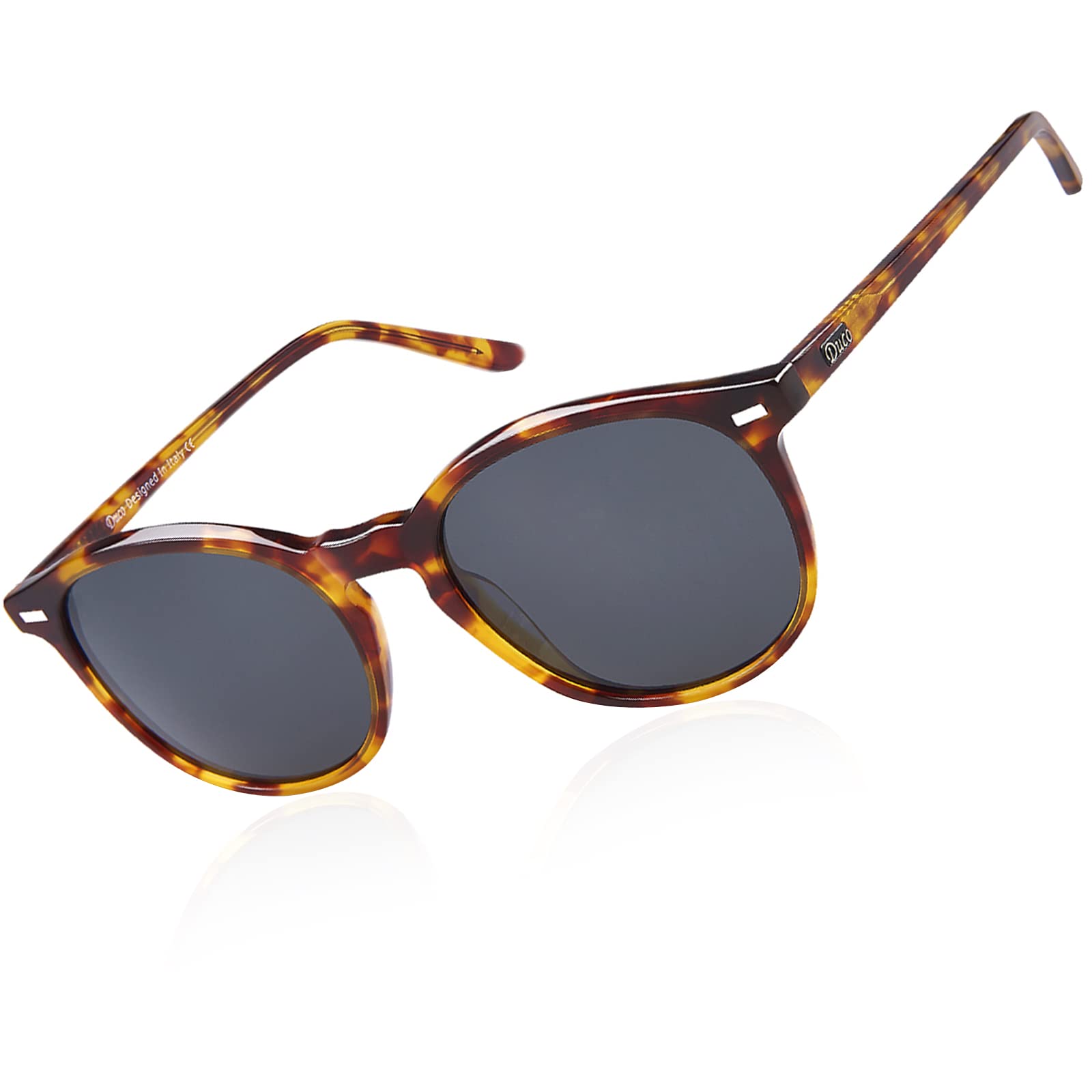 DUCO Retro Round UV400 Polarized Sunglasses for Women Men Vintage Shades Classic Acetate Trendy Fashion Sunglass DC1230 (Tortoise Frame Grey Lens)